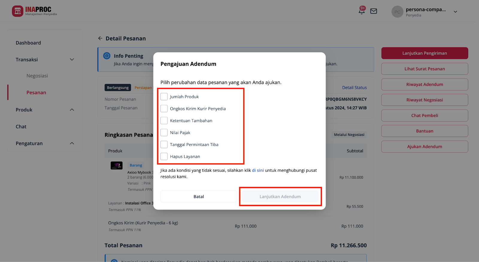 Adendum Pesanan – Pusat Bantuan INAPROC