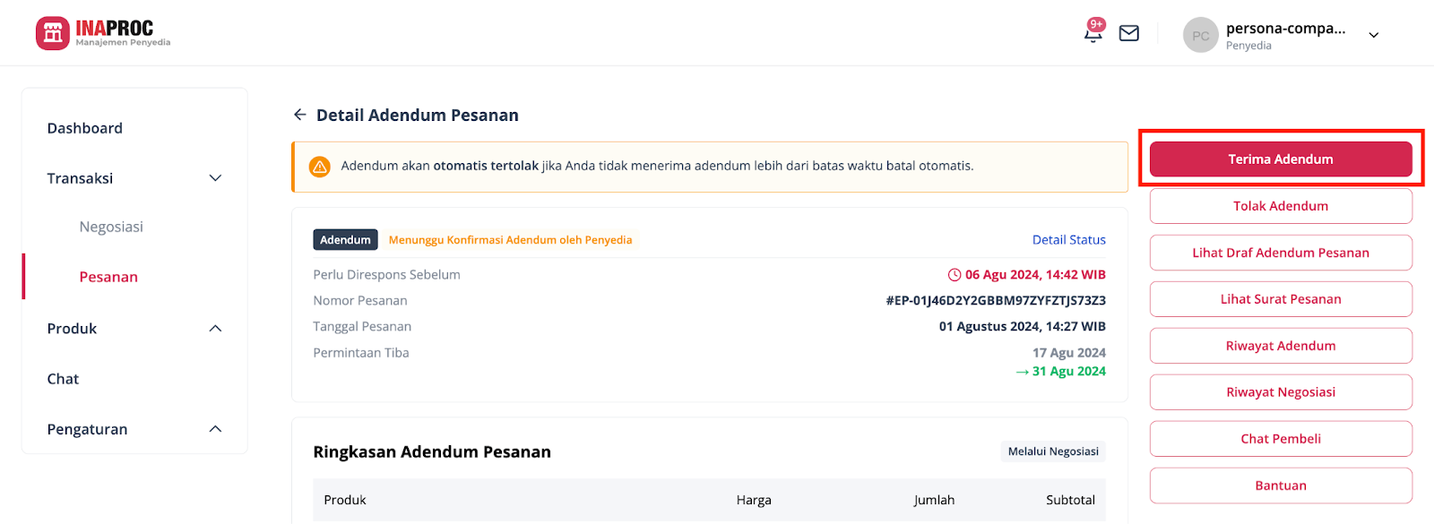 Adendum Pesanan – Pusat Bantuan INAPROC
